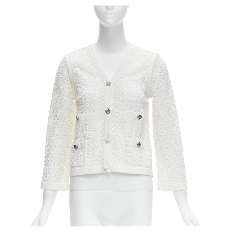 CHANEL 12P cream crochet lace knit silver CC 4 pocket cardigan jacket ...