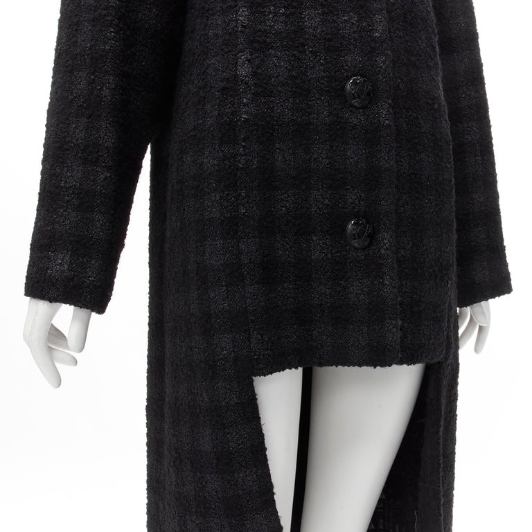 CHANEL 13K black lurex check tweed Globe CC button high low coat FR36 ...