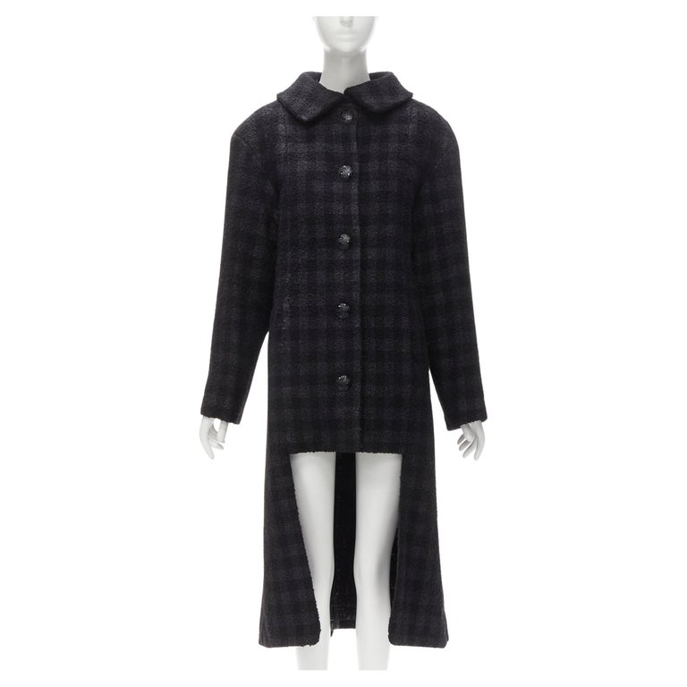 CHANEL 13K black lurex check tweed Globe CC button high low coat FR36 ...
