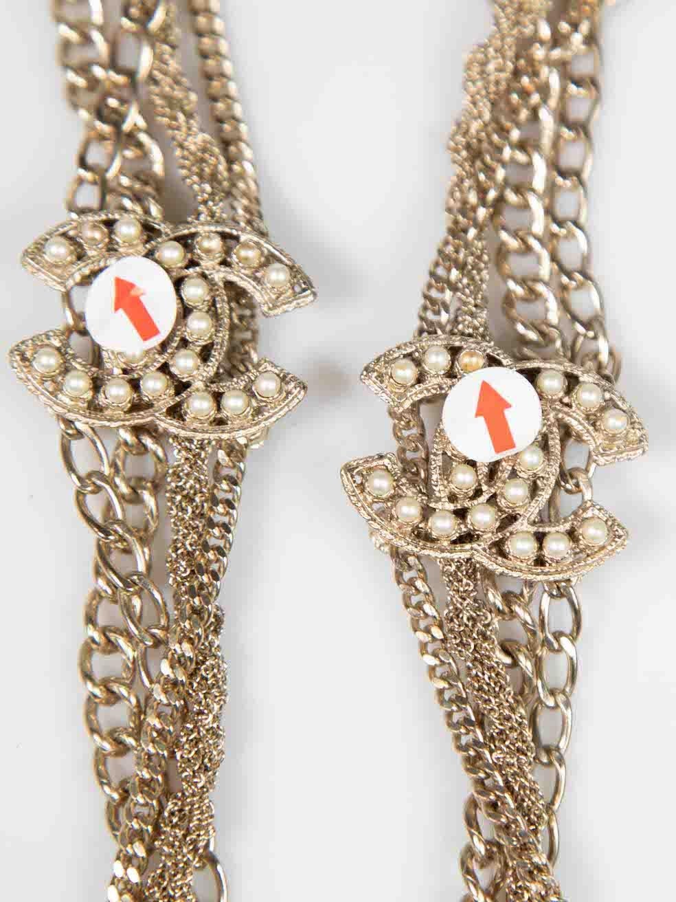 Chanel 14A Faux Pearl Embellished Multi Chain Necklace For Sale at 1stDibs