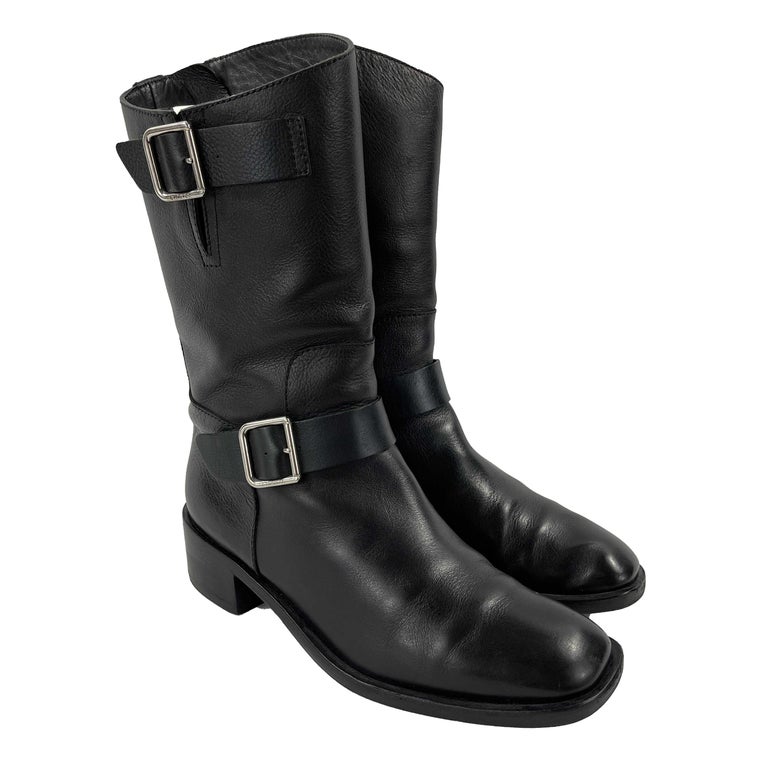 CHANEL 14B CC Black Leather Buckle Moto Biker Boots 38 US 8 For Sale at ...