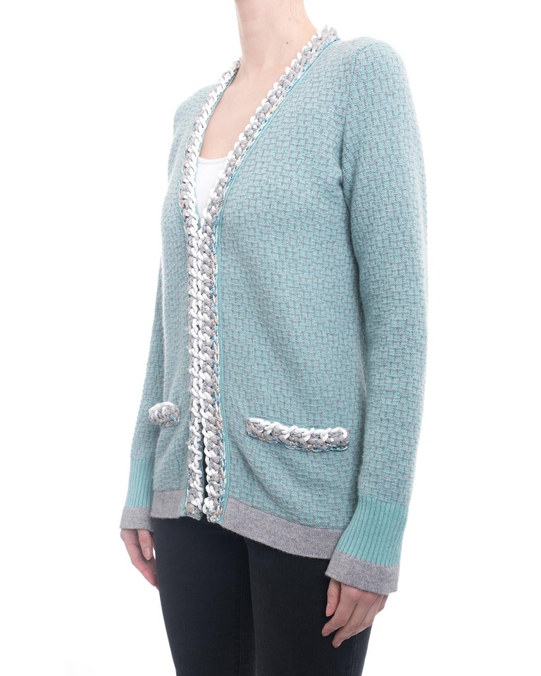 Chanel 14C Light Aqua Green Cashmere Cardigan with White Chain Trim - 6 ...