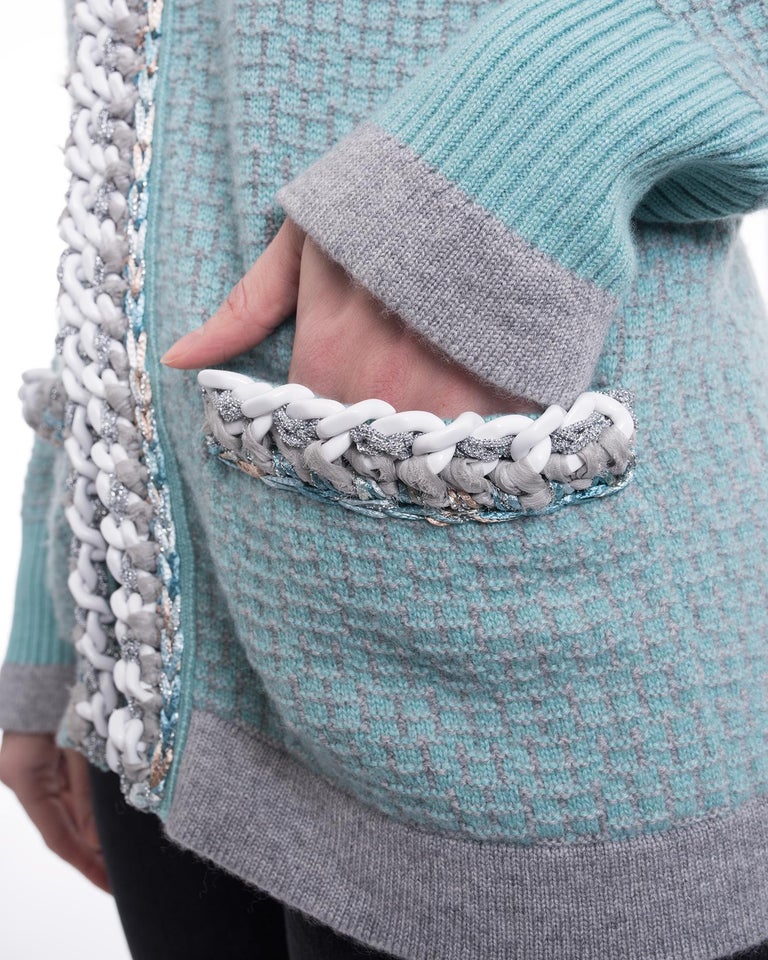 Chanel 14C Light Aqua Green Cashmere Cardigan with White Chain Trim - 6 ...