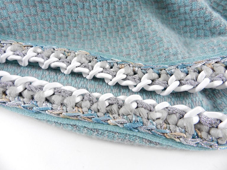 Chanel 14C Light Aqua Green Cashmere Cardigan with White Chain Trim - 6 ...