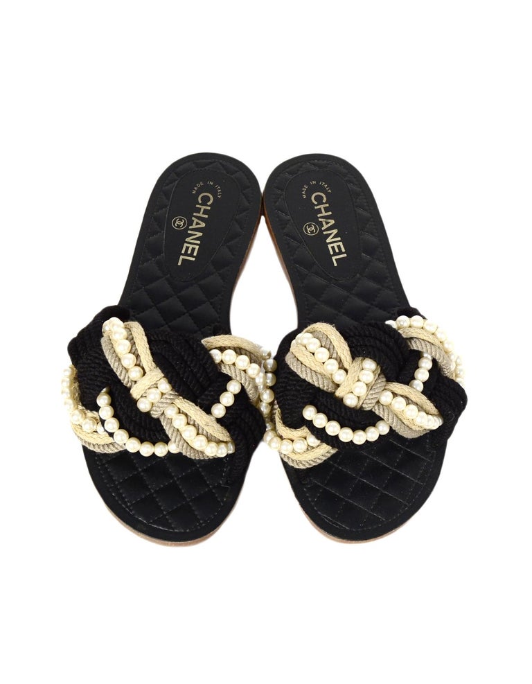 Chanel '17 Black/Beige Canvas/Leather Paris/Cuba Braided Pearl Slides ...