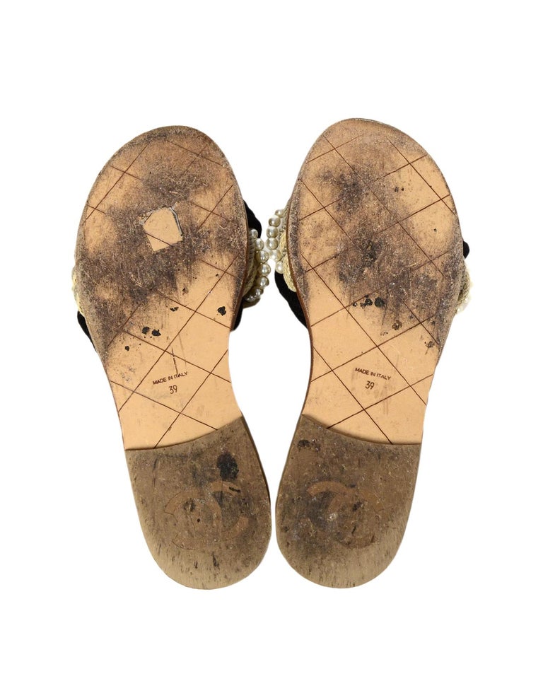 Chanel '17 Black/Beige Canvas/Leather Paris/Cuba Braided Pearl Slides ...