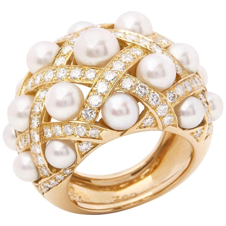Chanel 18 Karat Yellow Gold Cultured Pearl Baroque Matelassé Ring For ...
