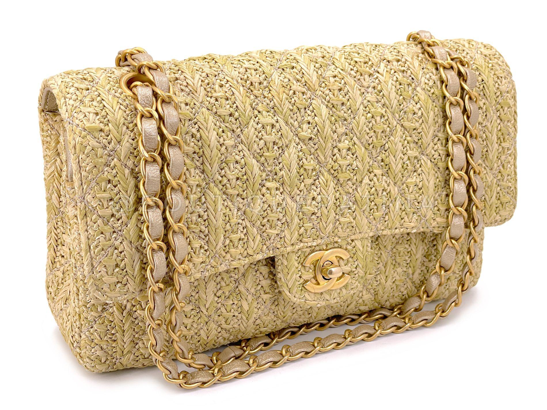 Chanel 18C Paris Athens Beige Raffia Medium Classic Double Flap Bag GHW ...