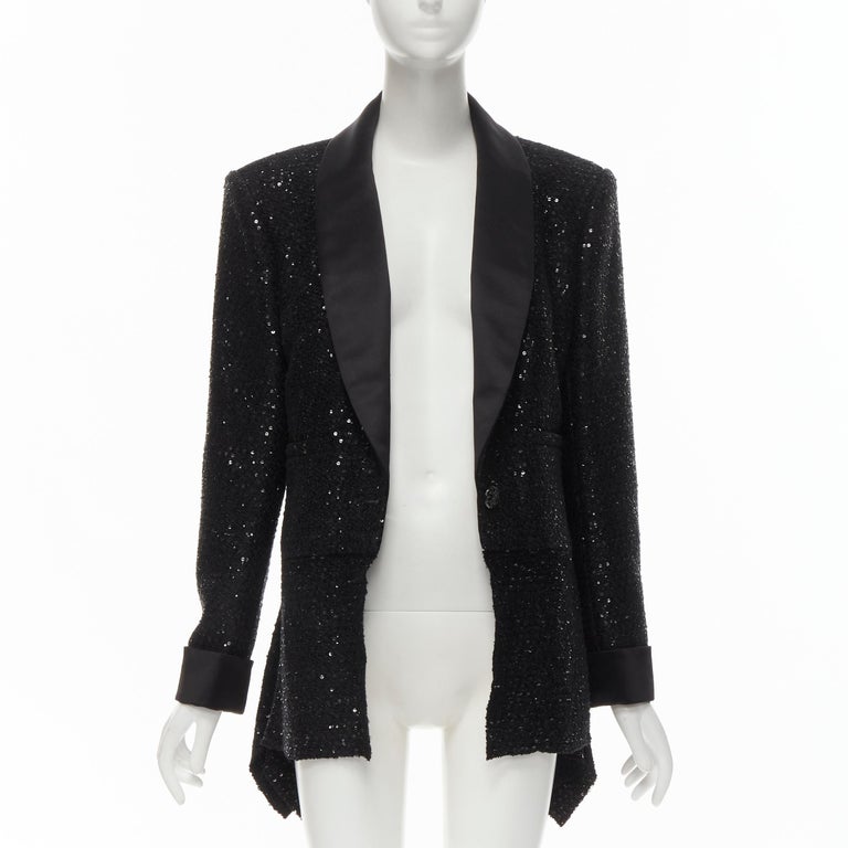CHANEL 18K black sequins tweed shawl collar draped hem blazer jacket ...