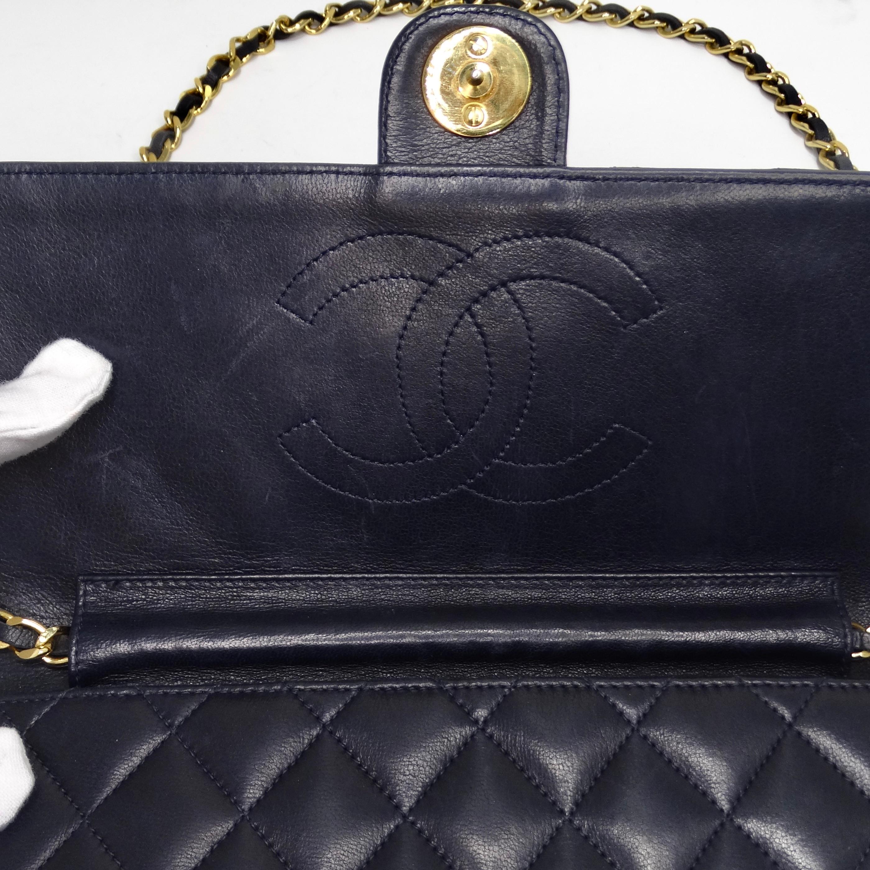 Chanel 1980s Single Flap Navy Leather Handbag For Sale at 1stDibs