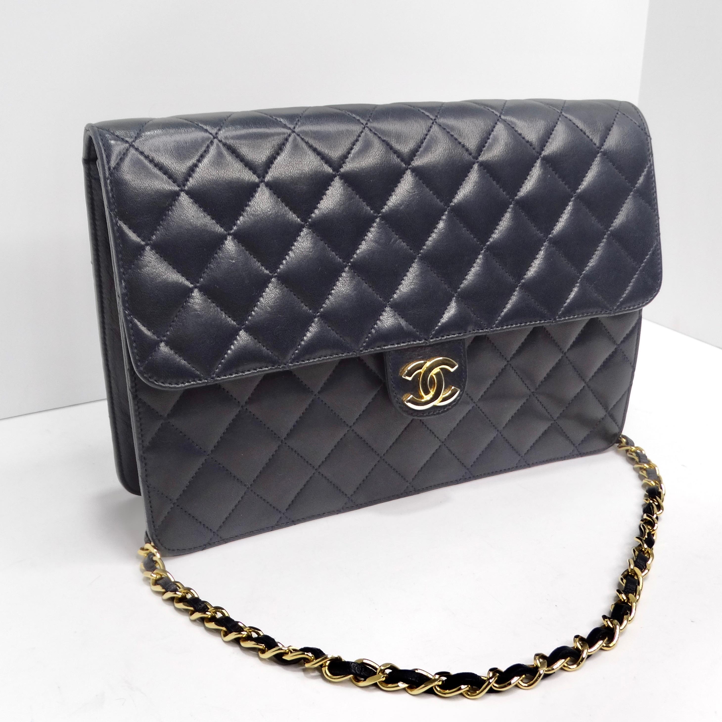 Chanel 1980s Single Flap Navy Leather Handbag For Sale at 1stDibs