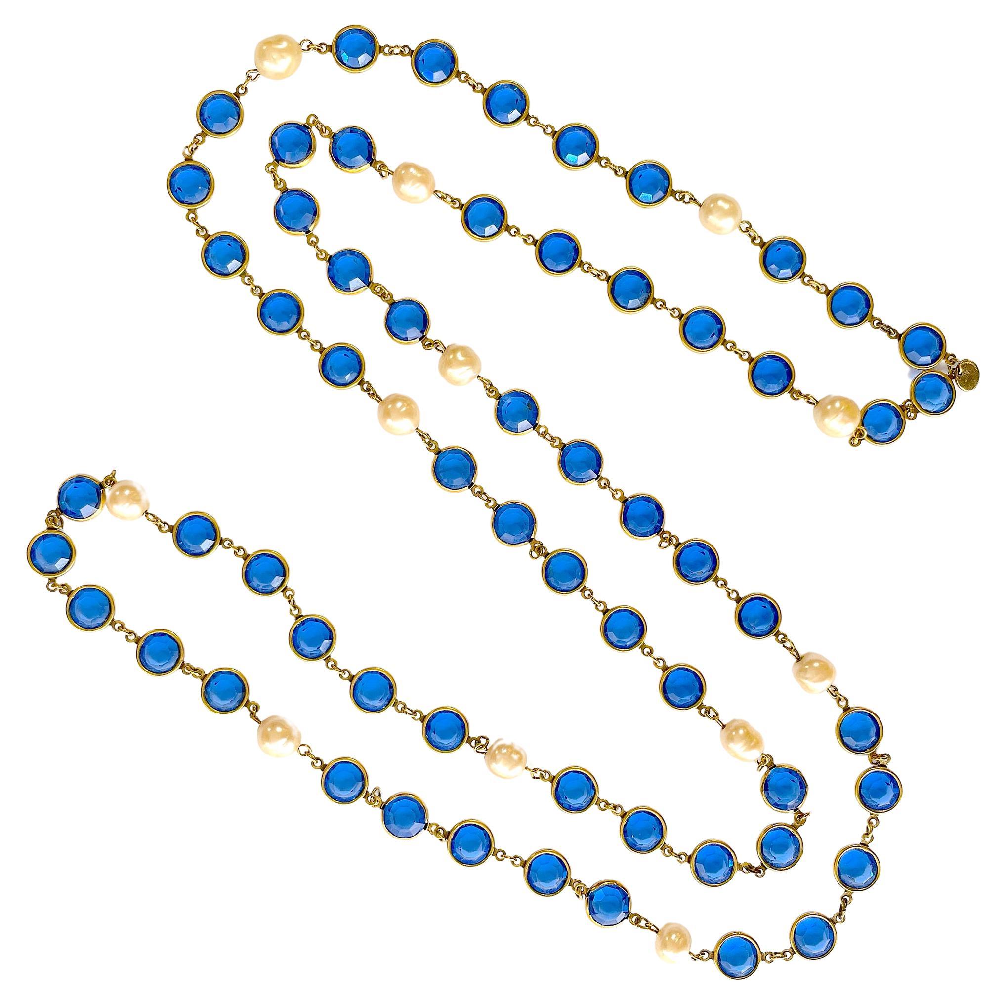 Chanel 1981 Vintage Blue Crystal Pearl Chicklet Sautoir Strand Necklace ...