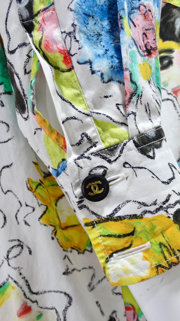 Chanel 1990's CC Buttons Abstract Print Blouse For Sale at 1stDibs