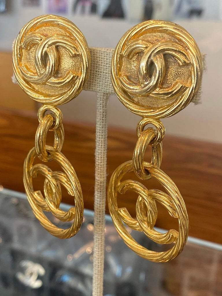 Chanel 1990's Iconic CC logo clip on dangle earrings For Sale at 1stDibs