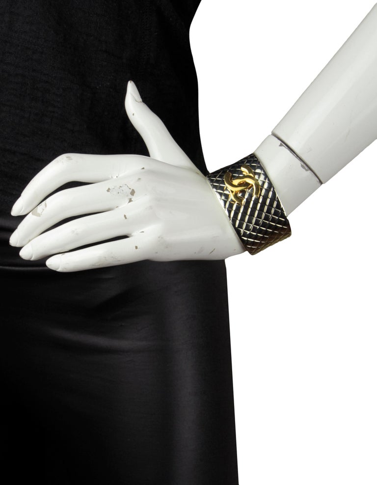 Chanel 1990s Silver/ Gold Vintage Quilted CC Cuff Bracelet at 1stDibs