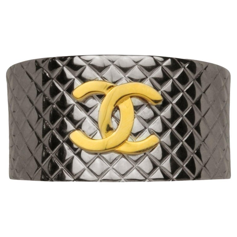 Chanel 1990s Silver/ Gold Vintage Quilted CC Cuff Bracelet at 1stDibs