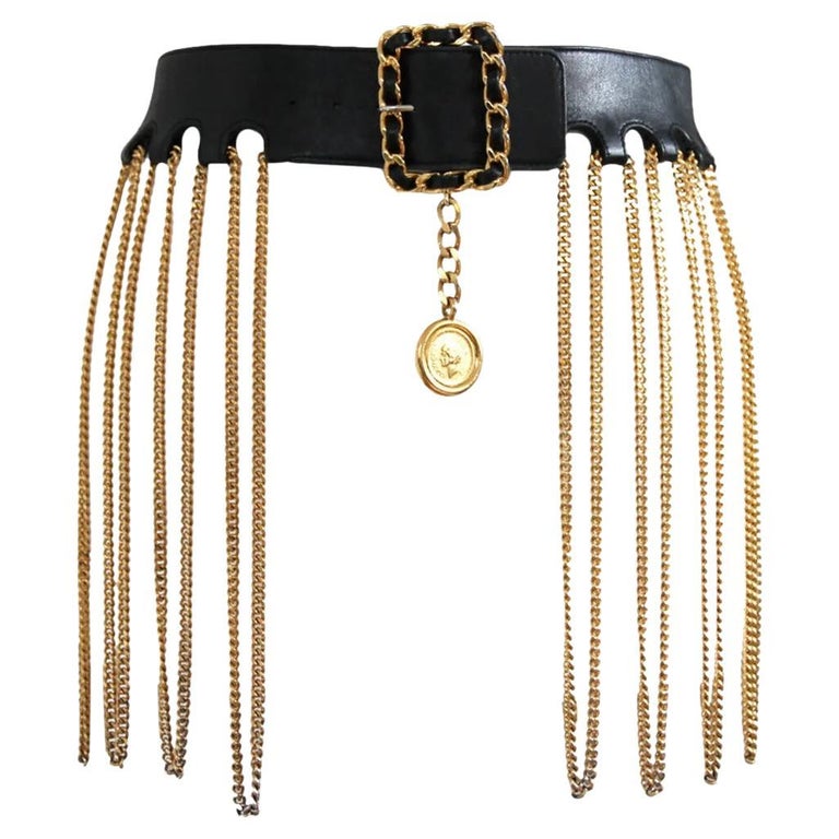 CHANEL 1991 Iconic Black Leather Multi Chain Fringe Belt by Karl ...