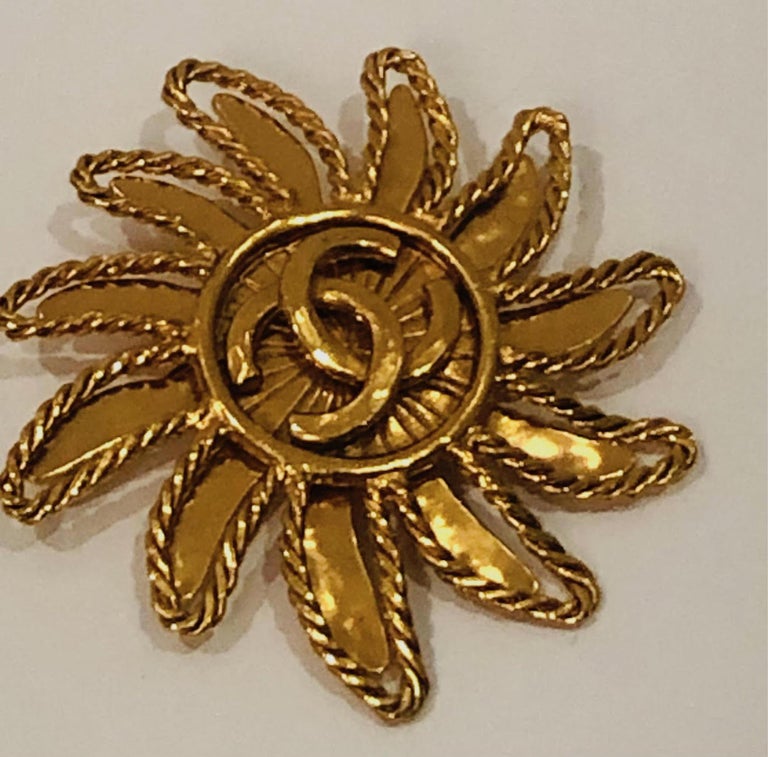 CHANEL 1994 Sun Brooch Pin Gold CC Logo W/Box For Sale at 1stDibs