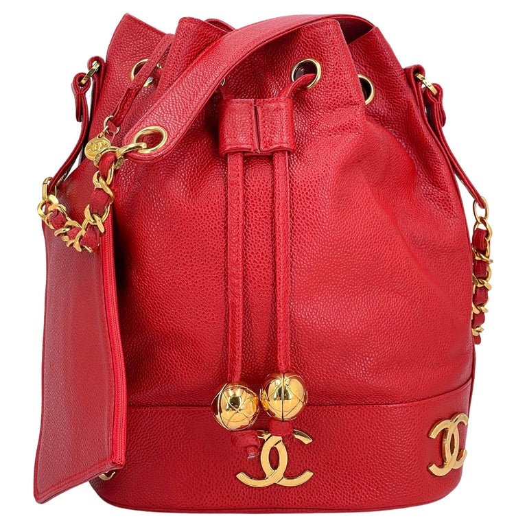 Chanel 1994 Vintage Red Caviar Bucket Bag Drawstring 24k GHW 66999 For ...
