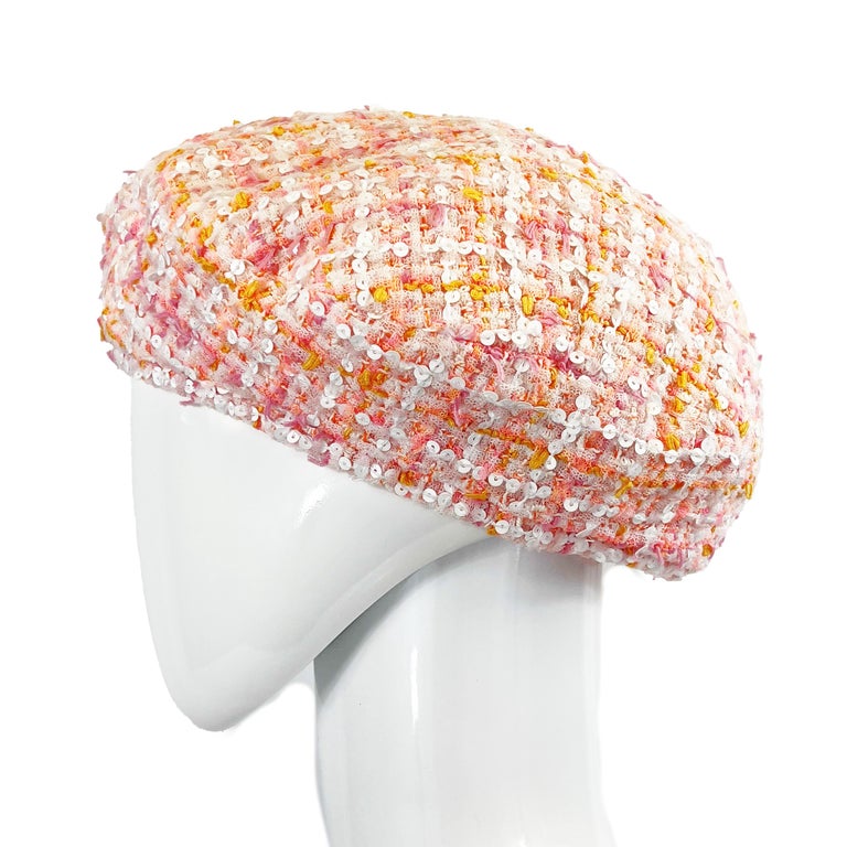 CHANEL 19C 2019 Cruise Iconic Tweed and Sequin Beret Hat CC Logo Size S ...