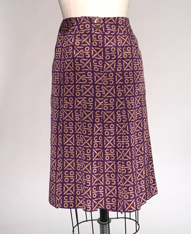 Chanel 2000 Runway Coco Logo Print Purple and Tan Silk Pleated Skirt at ...
