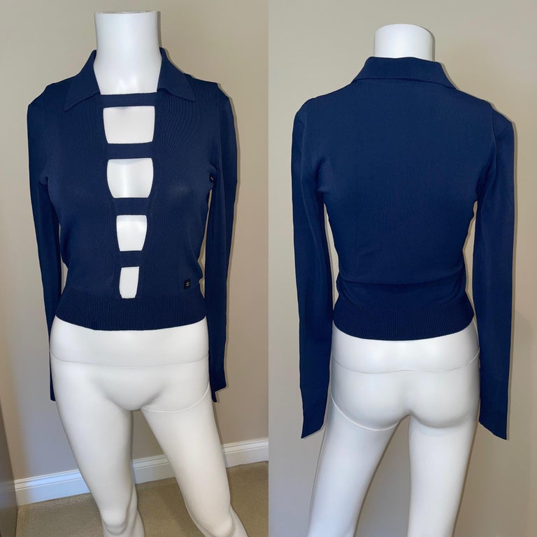 CHANEL 2002 vintage navy blue cut out sweater For Sale at 1stDibs