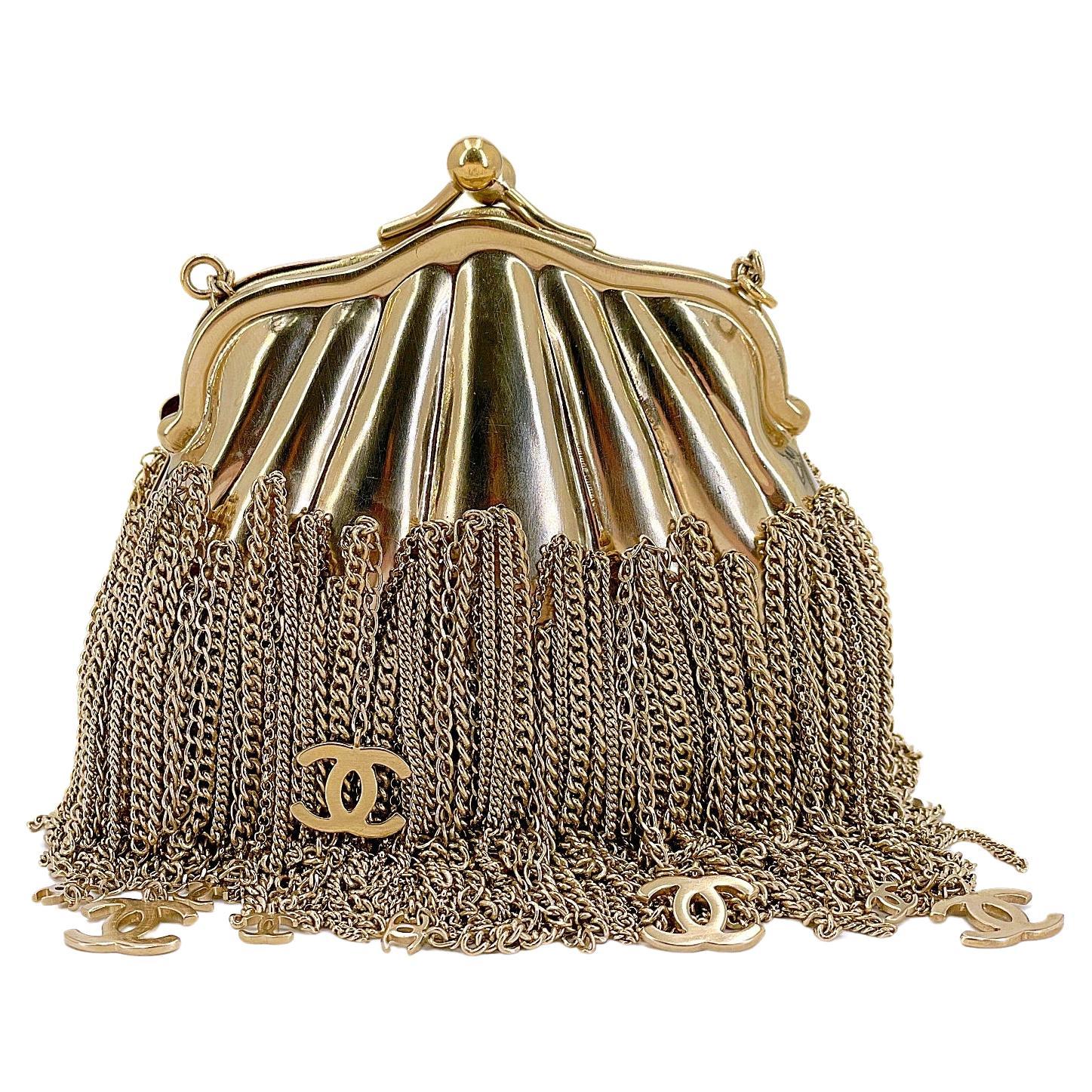 Chanel 2004 Vintage Gold Plated CC Fringe Minaudière Kisslock Clutch ...