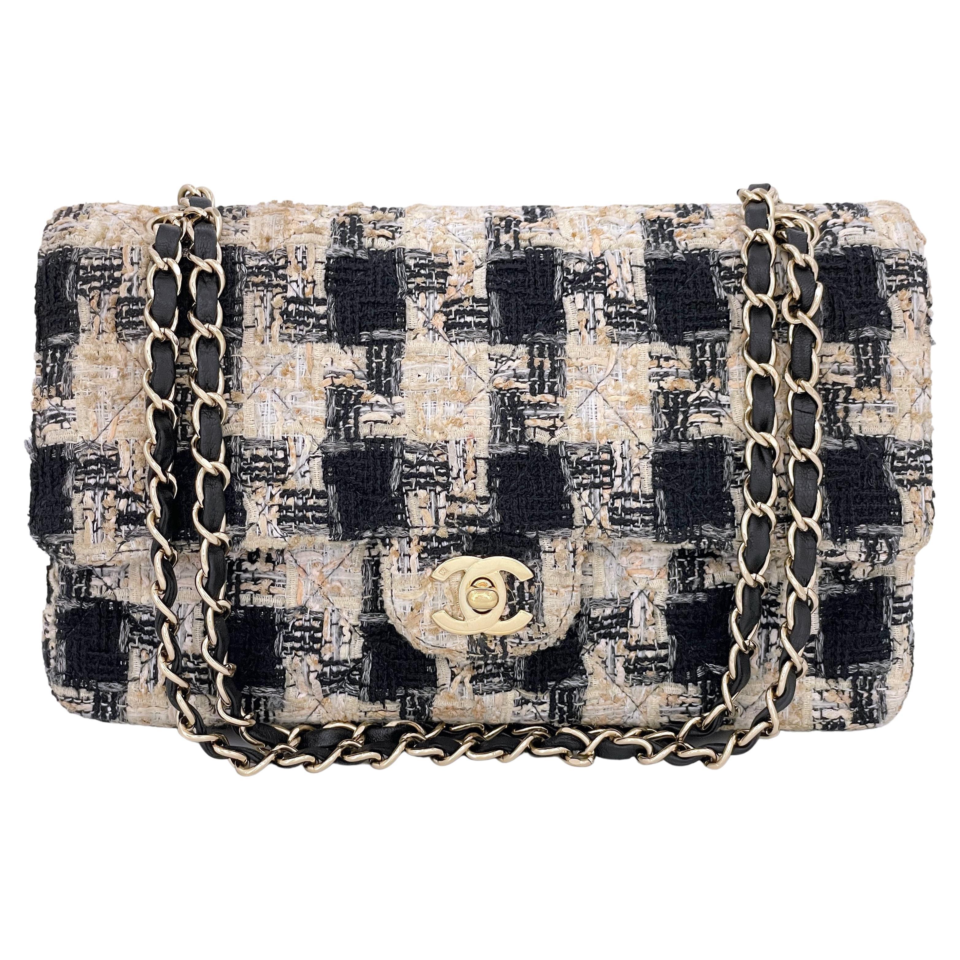 Chanel 2004 Vintage Tweed Classic Double Flap Bag Beige Black 24k GHW ...