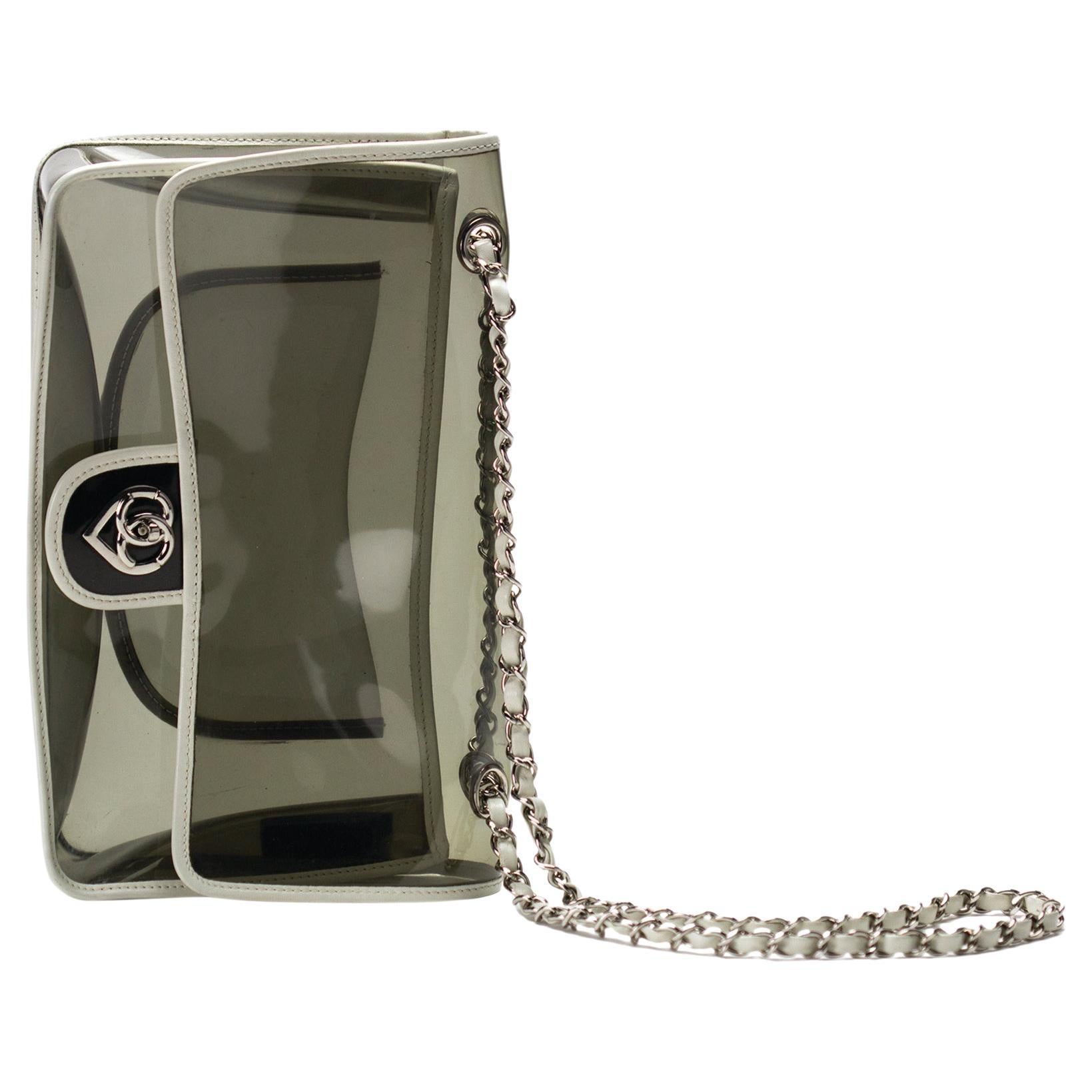 Chanel 2007 Rare Transparent Classic Heart Flap Vintage White Grey ...