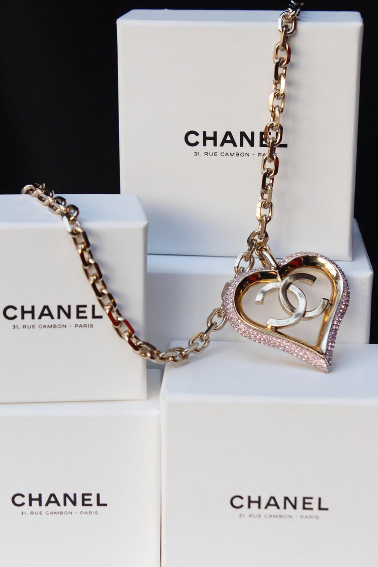 CHANEL 2013 Chain necklace with pink heart pendant and CC logo at 1stDibs