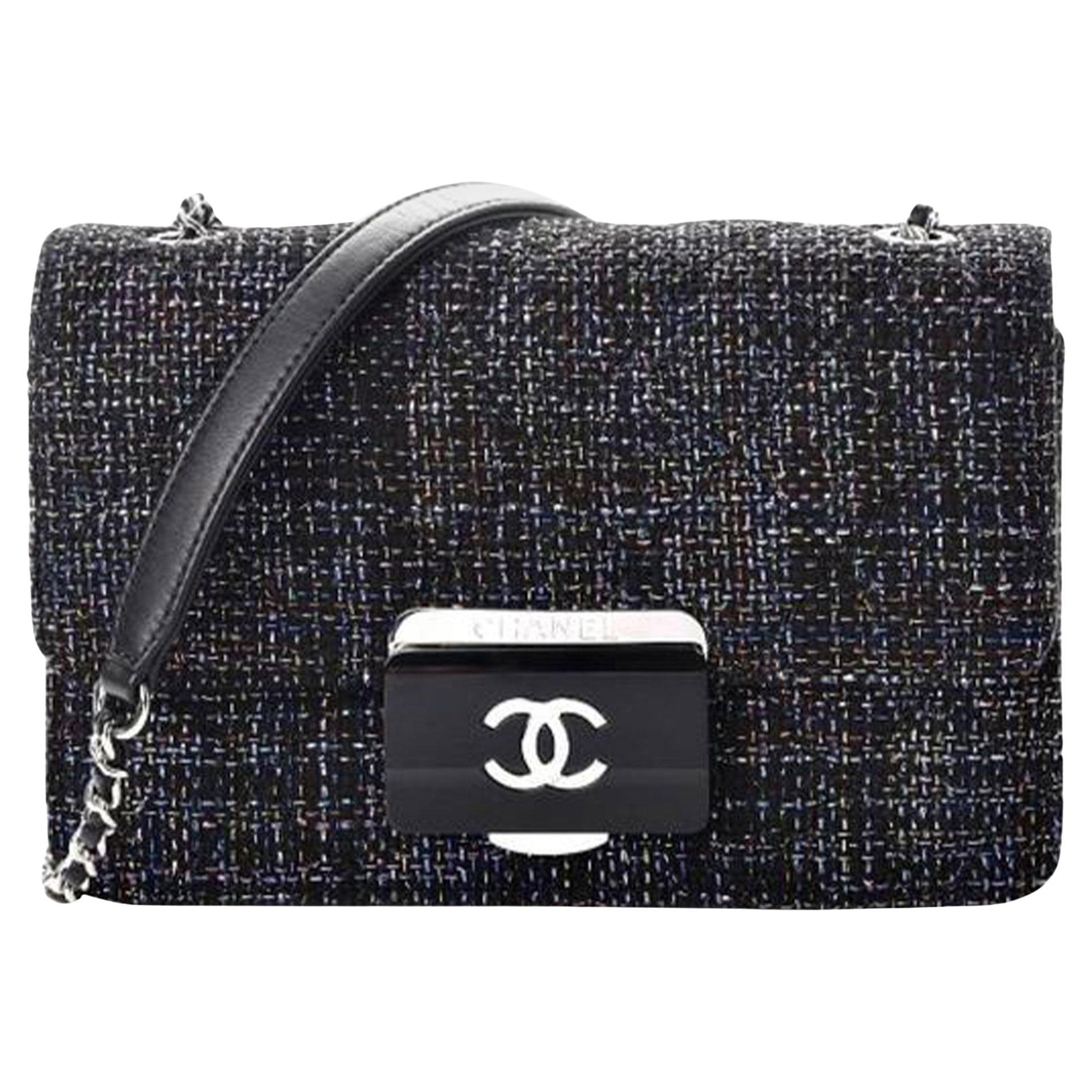 Chanel 2017 Classic Flap shoulder Bag in Black Blue Tweed and ...