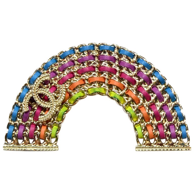 Chanel 2018 Leather Laced Chain Rainbow CC Brooch Pin w. Box and Pouch ...