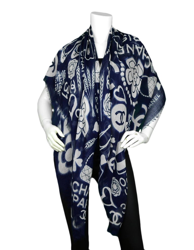 Chanel 2019 54" Navy/White Silk and Cashmere CC Iconic Motif Square ...