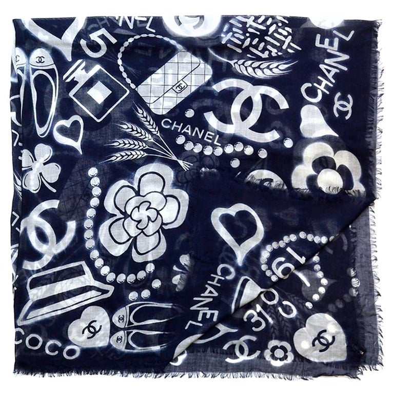Chanel 2019 54" Navy/White Silk and Cashmere CC Iconic Motif Square ...