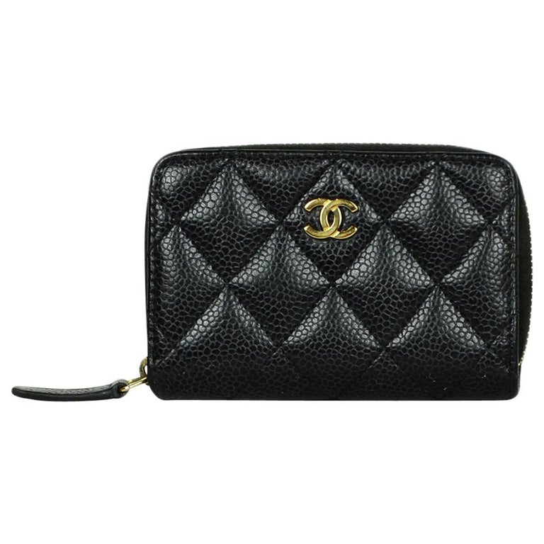 Chanel 2019 Black Caviar Quilted Zip Card Holder Wallet For Sale at 1stDibs