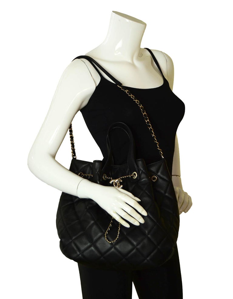 Chanel 2020 Black Lambskin Quilted CC Dweller Drawstring Bucket Tote ...