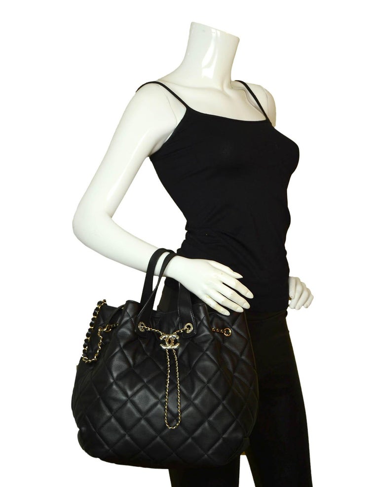 Chanel 2020 Black Lambskin Quilted CC Dweller Drawstring Bucket Tote ...