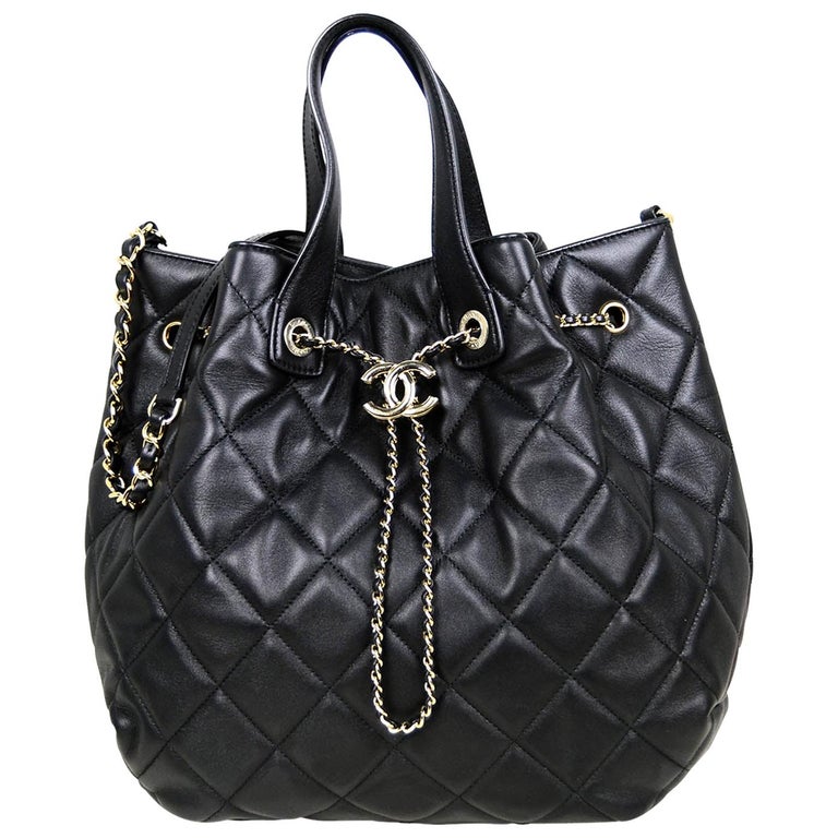 Chanel 2020 Black Lambskin Quilted CC Dweller Drawstring Bucket Tote ...