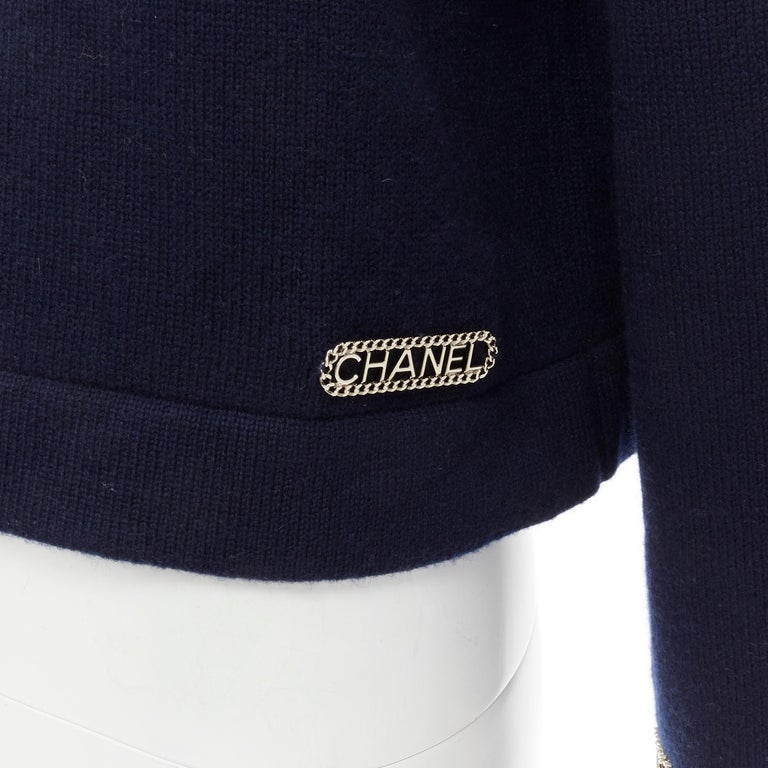 CHANEL 2020 Runway 100% cashmere navy gold chain trim boat neck sweater ...
