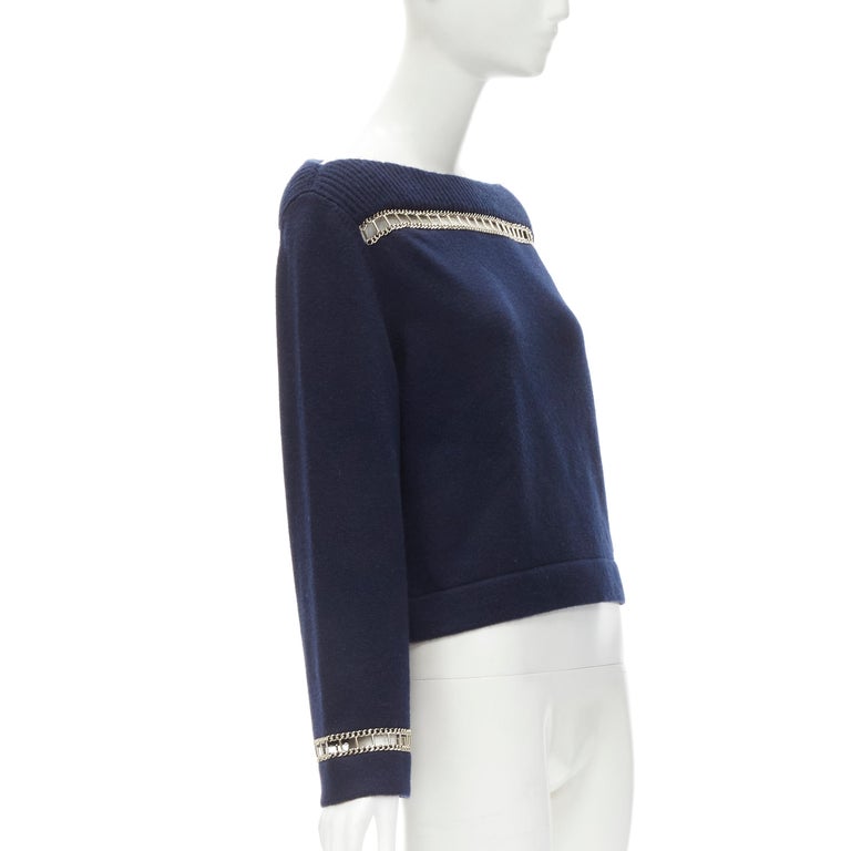 CHANEL 2020 Runway 100% cashmere navy gold chain trim boat neck sweater ...