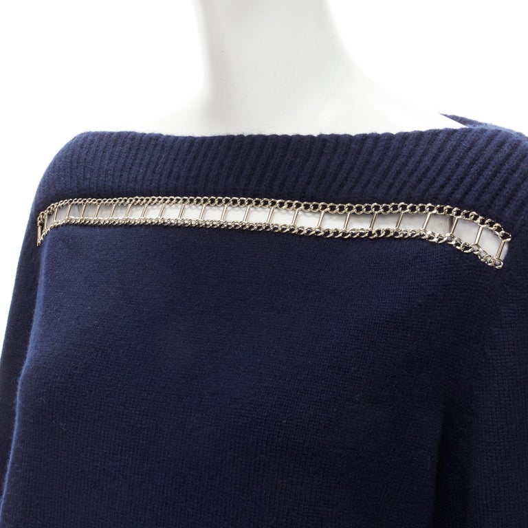 CHANEL 2020 Runway 100% cashmere navy gold chain trim boat neck sweater ...