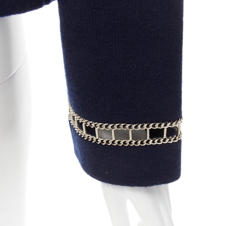CHANEL 2020 Runway 100% cashmere navy gold chain trim boat neck sweater ...