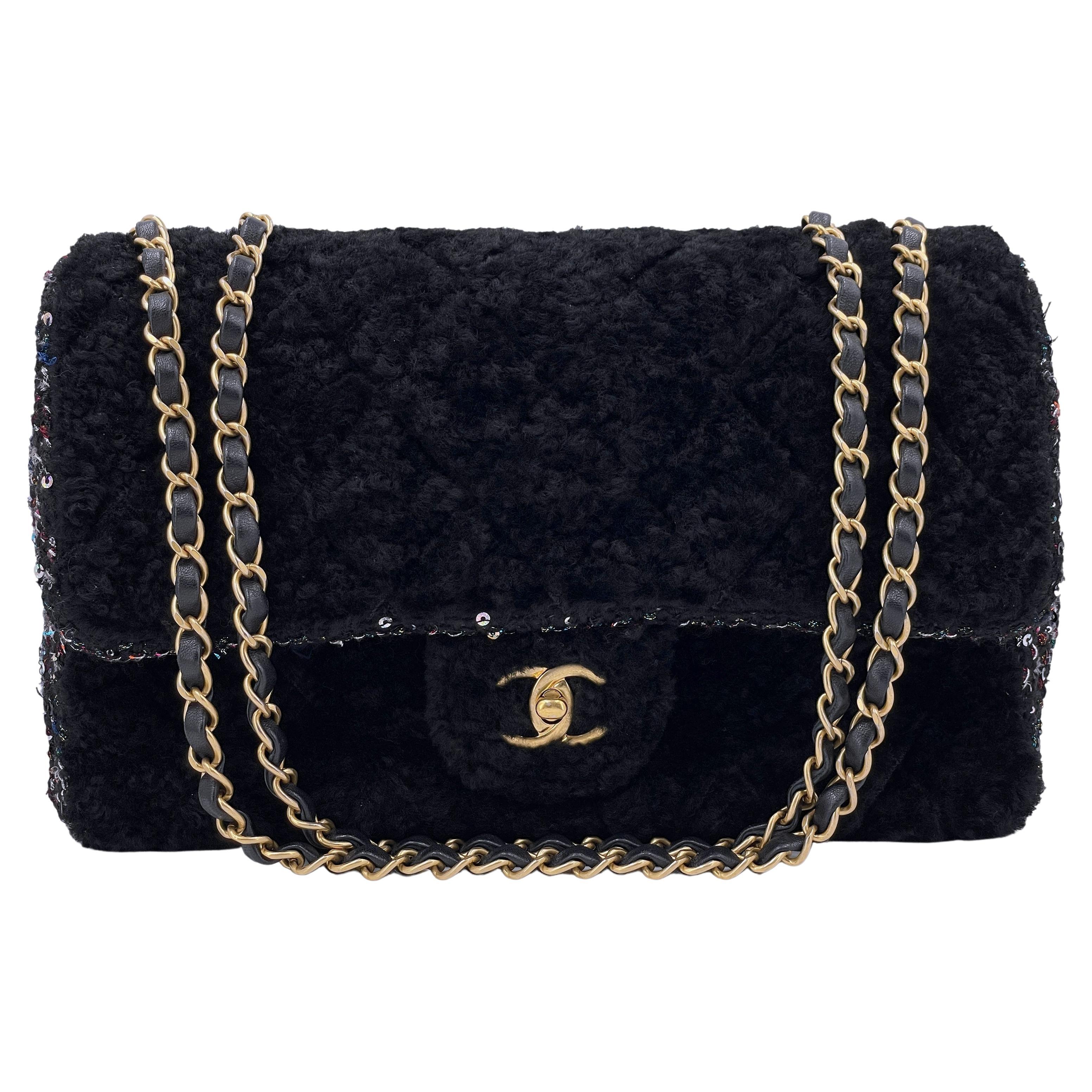 Chanel 2020 Shearling Fantasy Tweed Jumbo Classic Flap Bag GHW 66672 ...