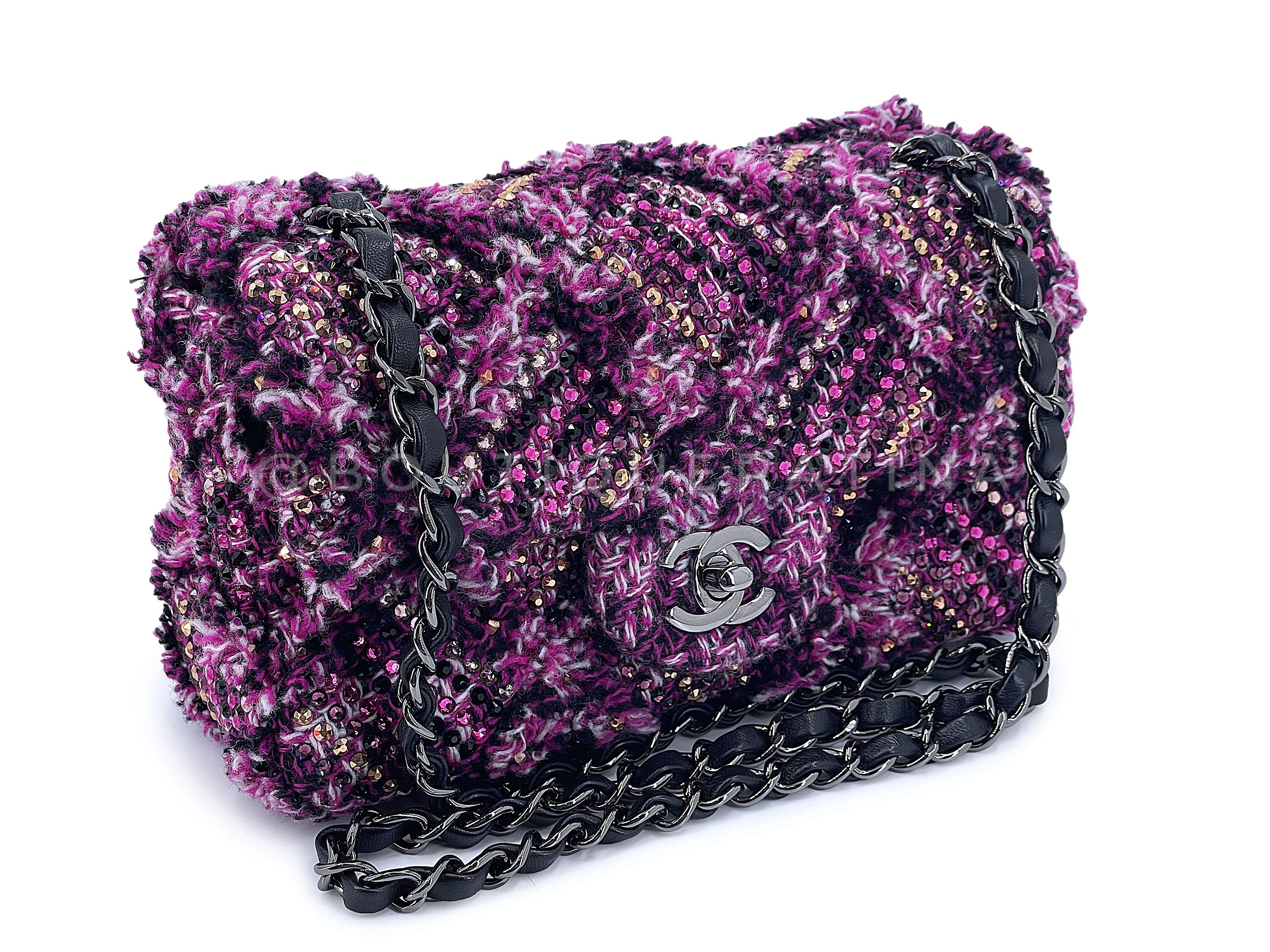 Chanel 2020 Violet Fuchsia Pink Crystals Tweed Rectangular Mini Flap ...