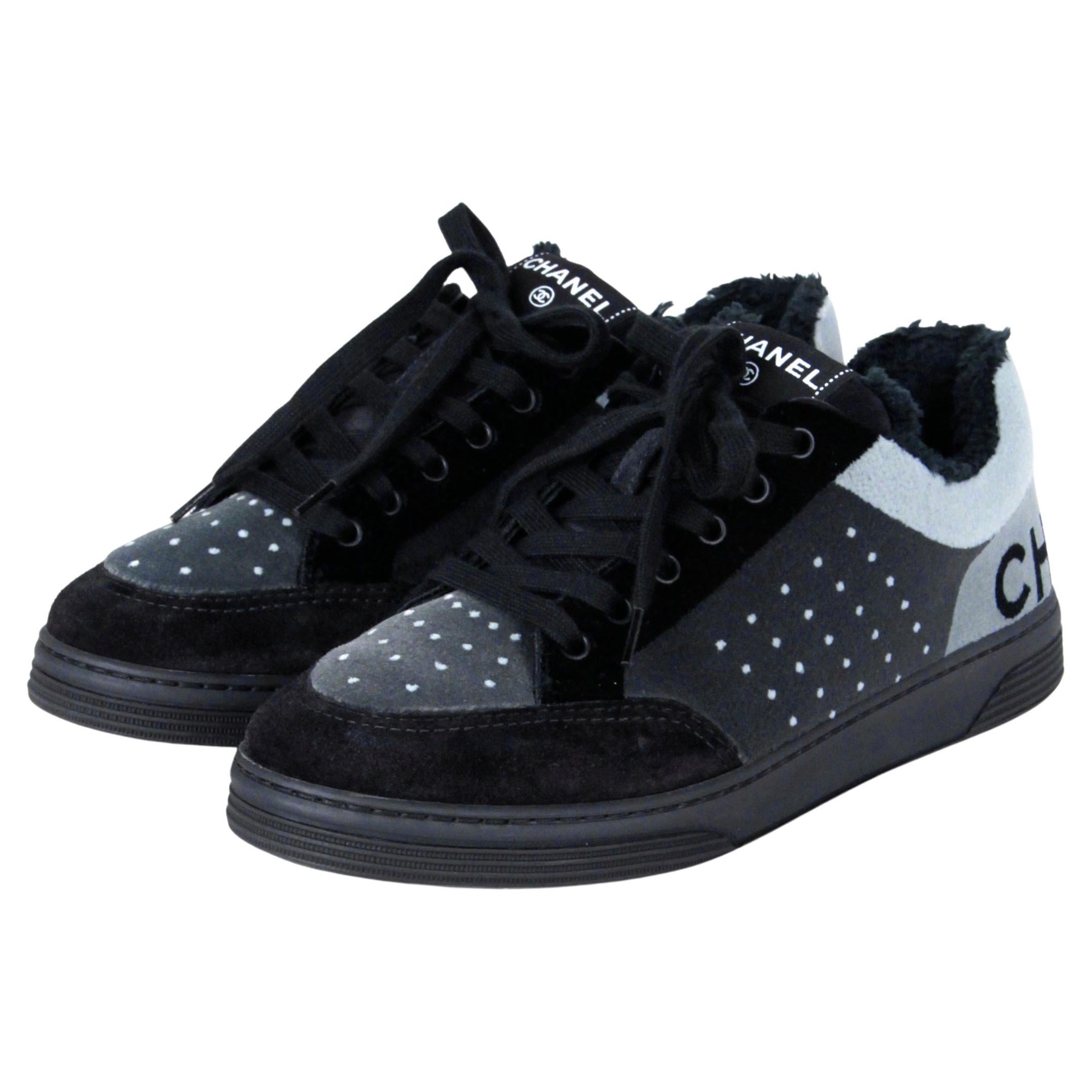 Chanel 2021 NEW Grey/Black Velvet Logo Sneakers sz 38 For Sale at ...