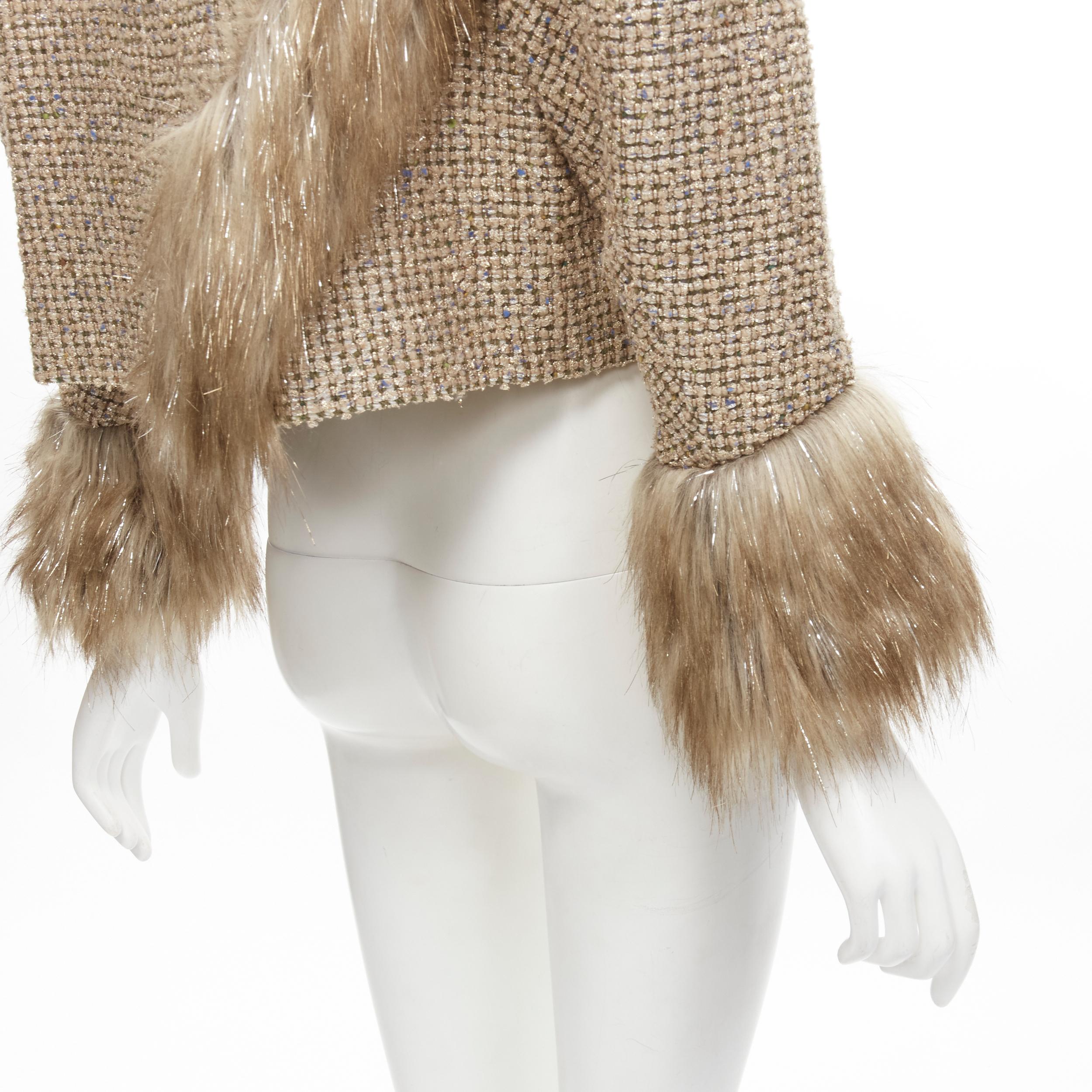 CHANEL 2021 Runway metallic gold Tweed faux fur trim cropped jacket ...