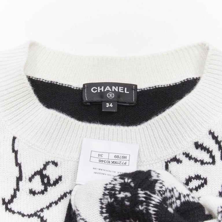 CHANEL 22C cashmere black white Dove bird CC pullover sweater FR34 XS ...