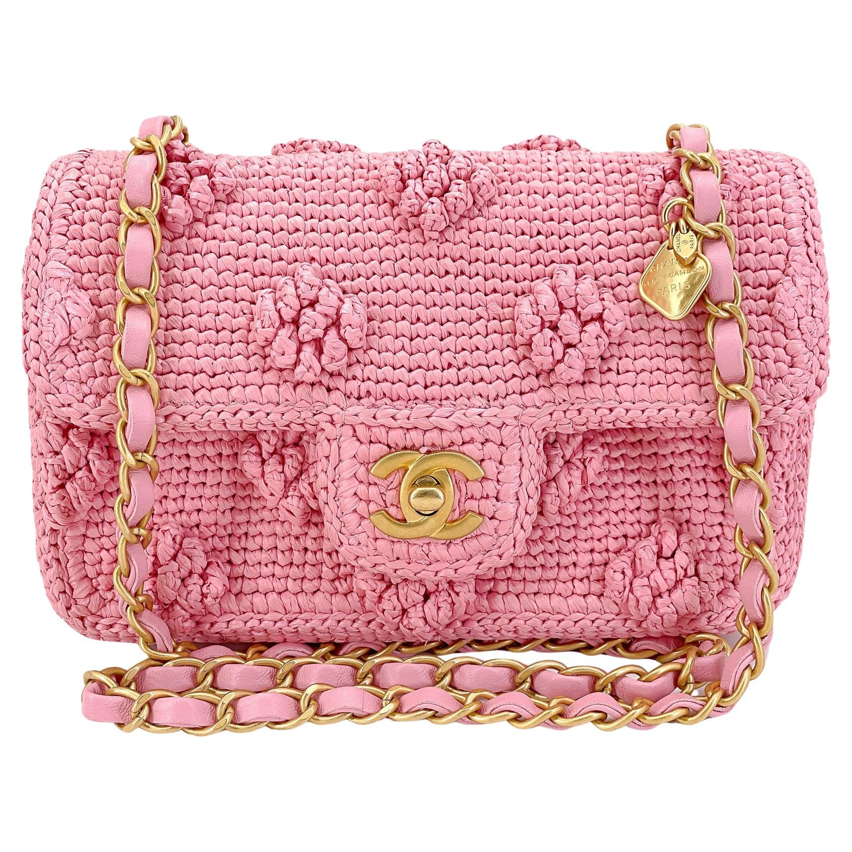 Chanel 24P Pink Raffia Straw Mini Recangular Flap Bag with Charms GHW ...