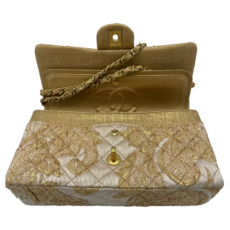 Chanel 2.55 Medium Flap Bag Gold Canvas For Sale at 1stDibs