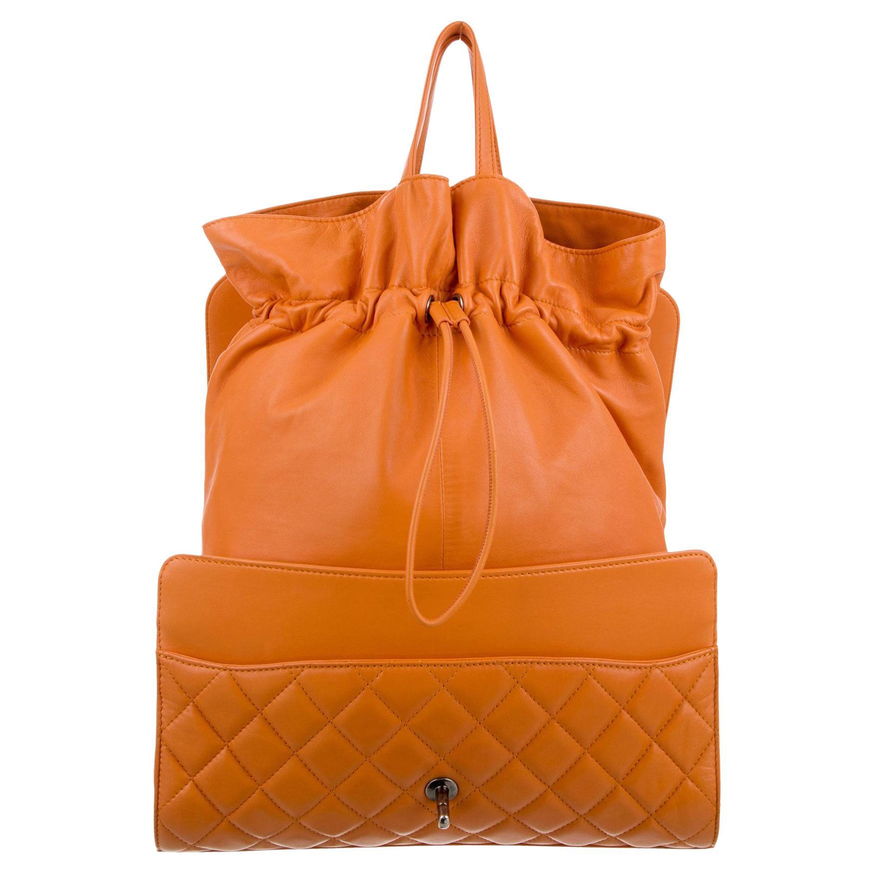 Chanel 2in1 Orange Expandable Shopper Drawstring Caviar Tote/Flap Bag ...